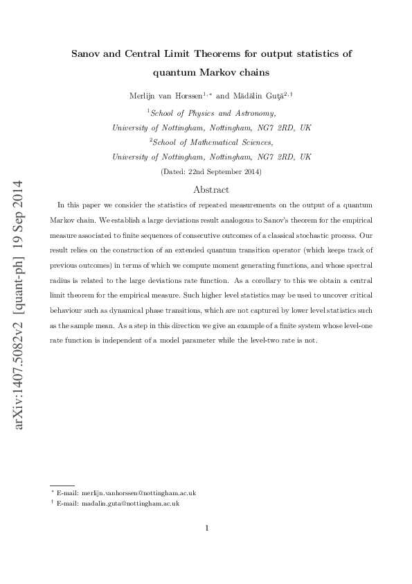 Pdf Sanov And Central Limit Theorems For Output Statistics Of Quantum Markov Chains