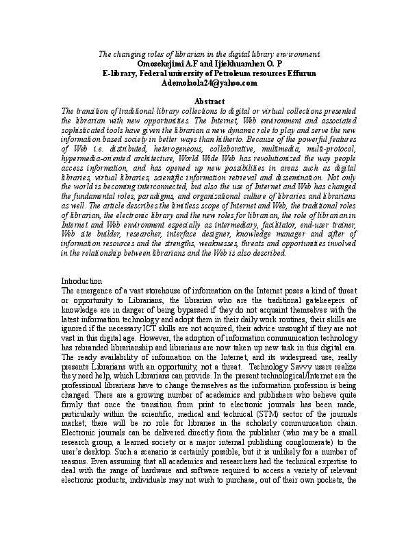 (DOC) The changing roles of librarian in the digital library environment