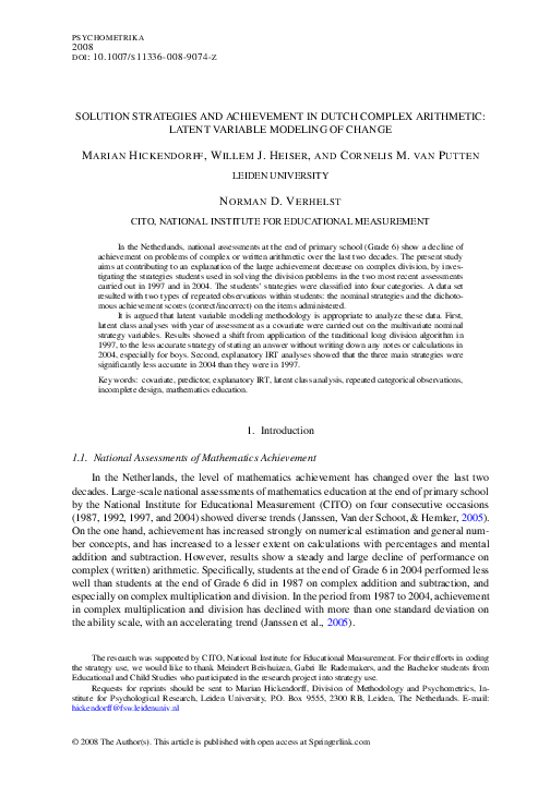 Pdf Solution Strategies And Achievement In Dutch Complex Arithmetic Latent Variable Modeling