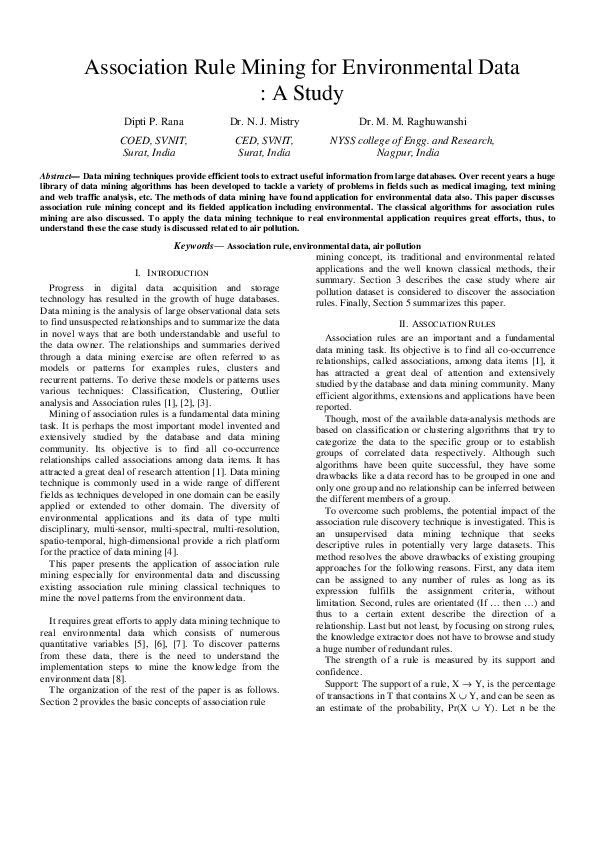 (PDF) Association Rule Mining for Environmental Data : A Study