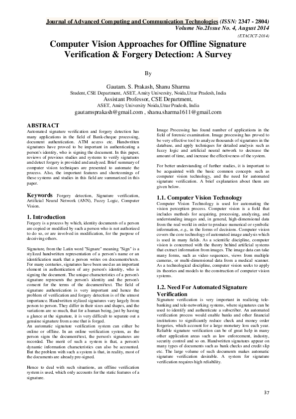 Pdf Computer Vision Approaches For Offline Signature Verification And Forgery Detection A Survey