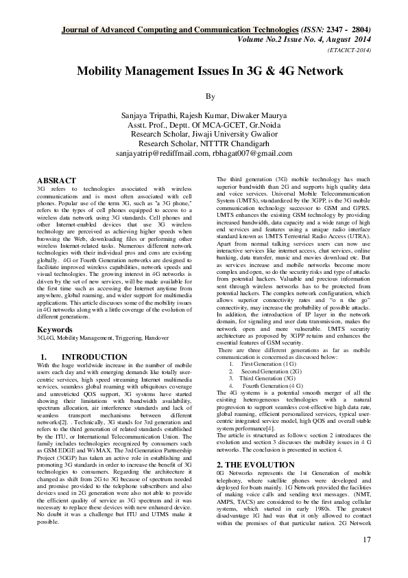 (PDF) MOBILITY MANAGEMENT ISSUES IN 3G & 4G NETWORK