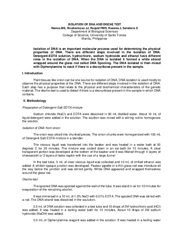 (DOC) ISOLATION OF DNA AND DISCHE TEST