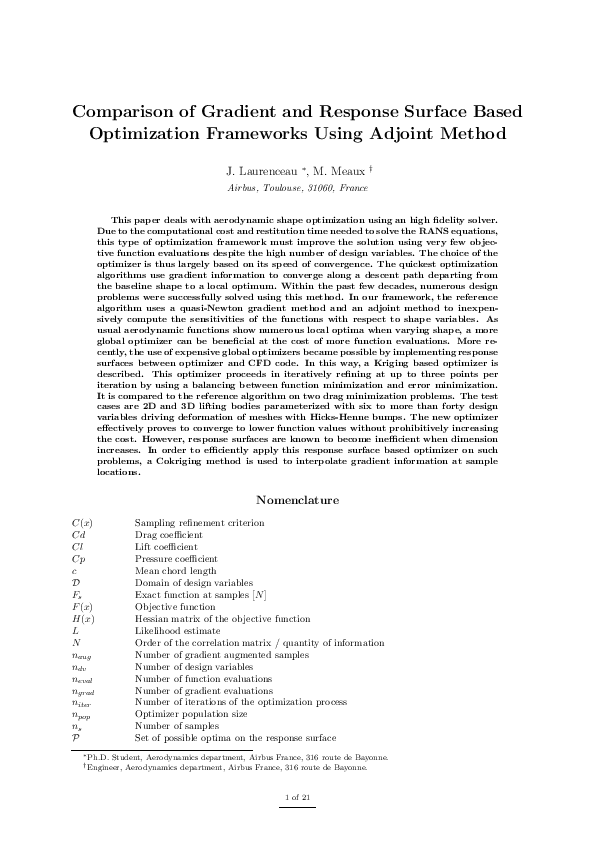 Pdf Comparison Of Gradient And Response Surface Based Optimization Frameworks Using Adjoint Method