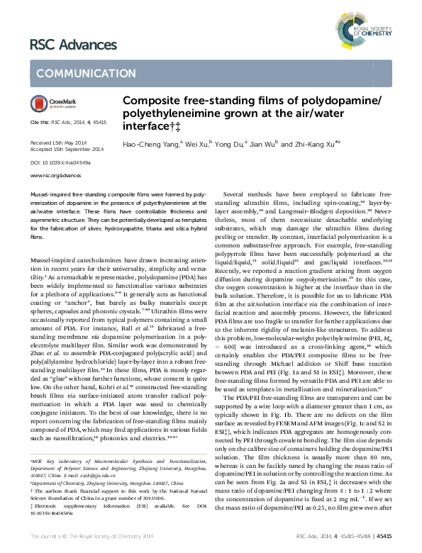 (PDF) Composite free-standing films of polydopamine/ polyethyleneimine ...