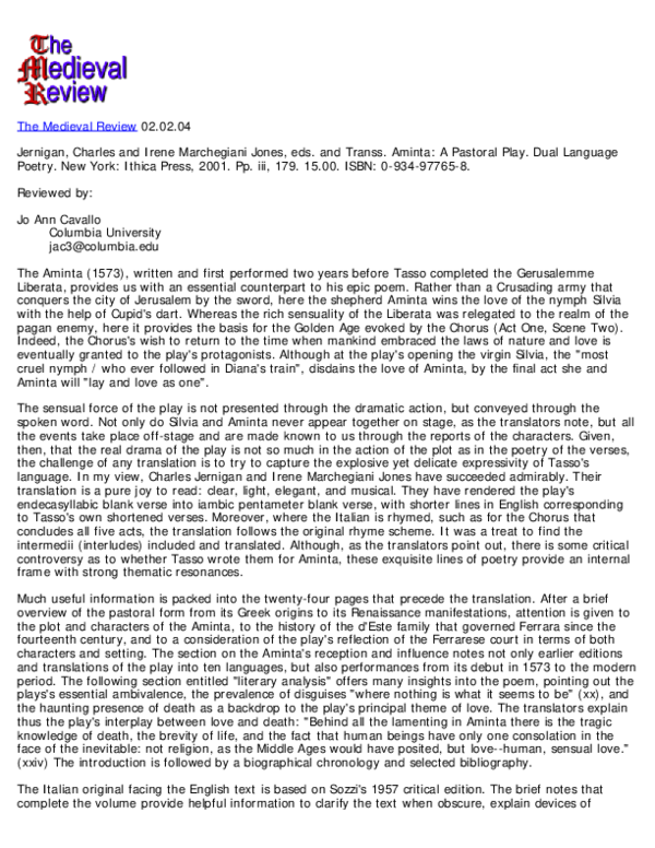 (PDF) book review: Tasso, Torquato. Aminta. A Pastoral Play. Trans ...