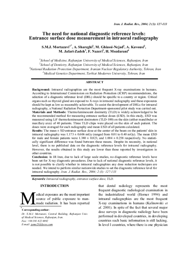 (PDF) The need for national diagnostic reference levels: Entrance ...