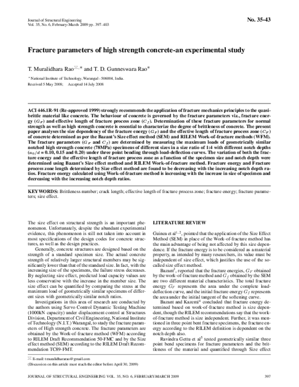 (PDF) Fracture parameters of high strength concrete-an experimental study