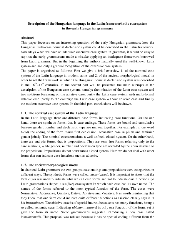 (PDF) Description of the Hungarian language in the Latin framework: the ...