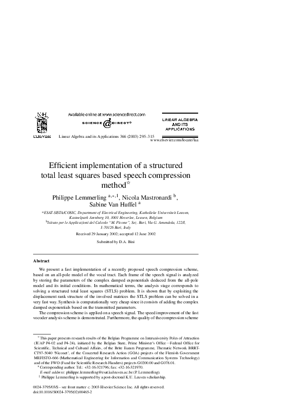 Pdf Efficient Implementation Of A Structured Total Least Squares Based Speech Compression
