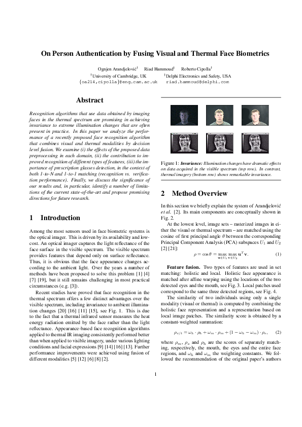 Pdf On Person Authentication By Fusing Visual And Thermal Face Biometrics