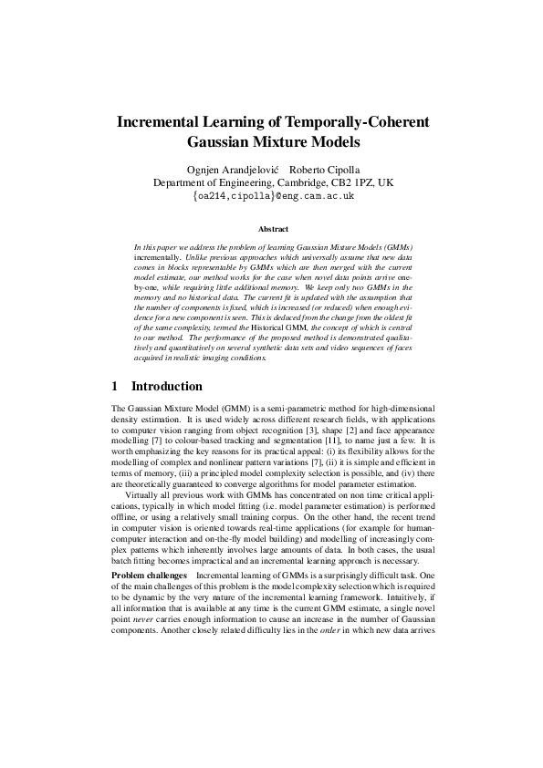 (PDF) Incremental Learning of Temporally-Coherent Gaussian Mixture Models