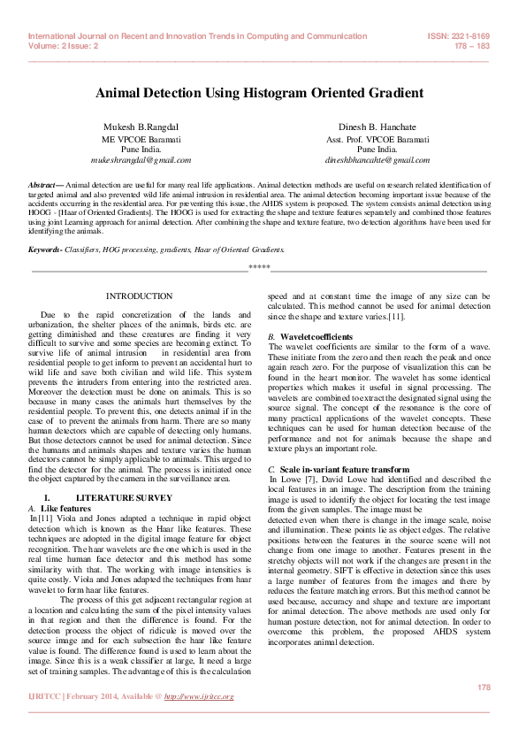 (PDF) Animal Detection Using Histogram Oriented Gradient