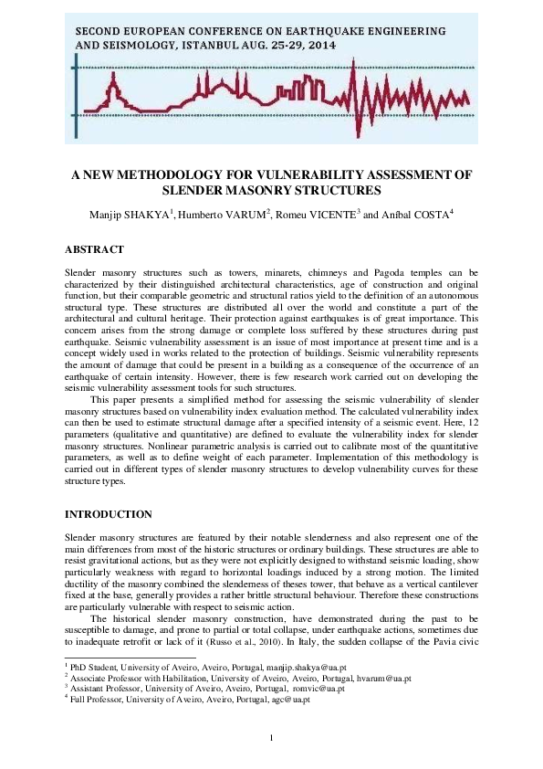 (PDF) A NEW METHODOLOGY FOR VULNERABILITY ASSESSMENT OF SLENDER MASONRY ...