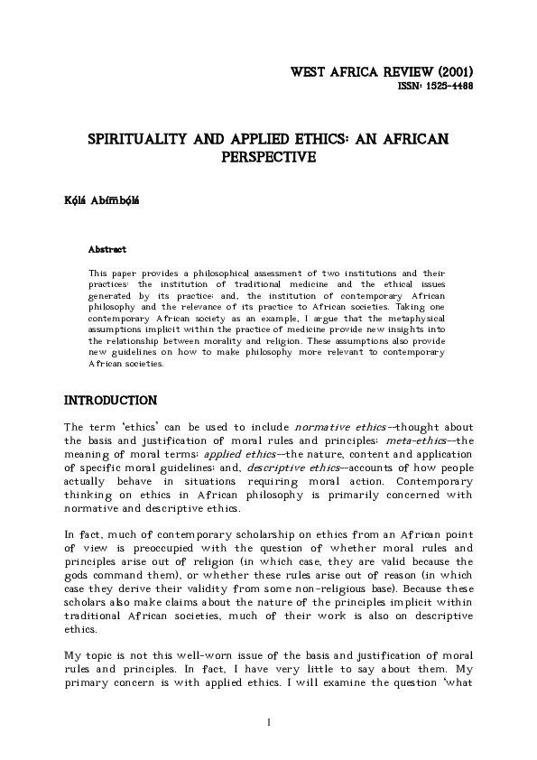 (PDF) Spirituality and Applied Ethics: An African Perspective