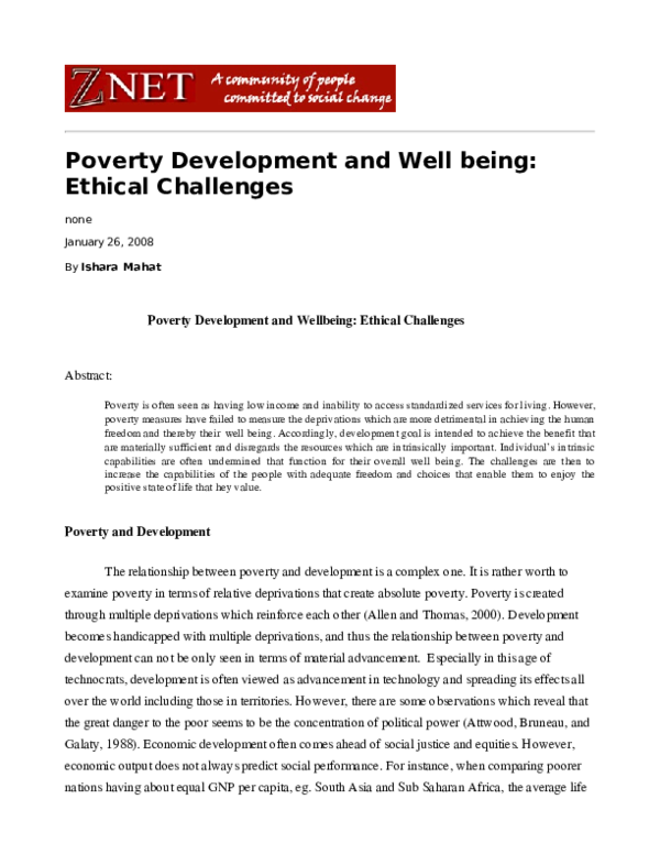 (PDF) Poverty Development and Well being: Ethical Challenges