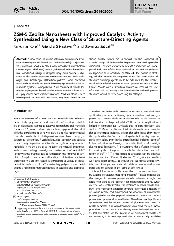 (PDF) ZSM-5 Zeolite Nanosheets with Improved Catalytic Activity ...