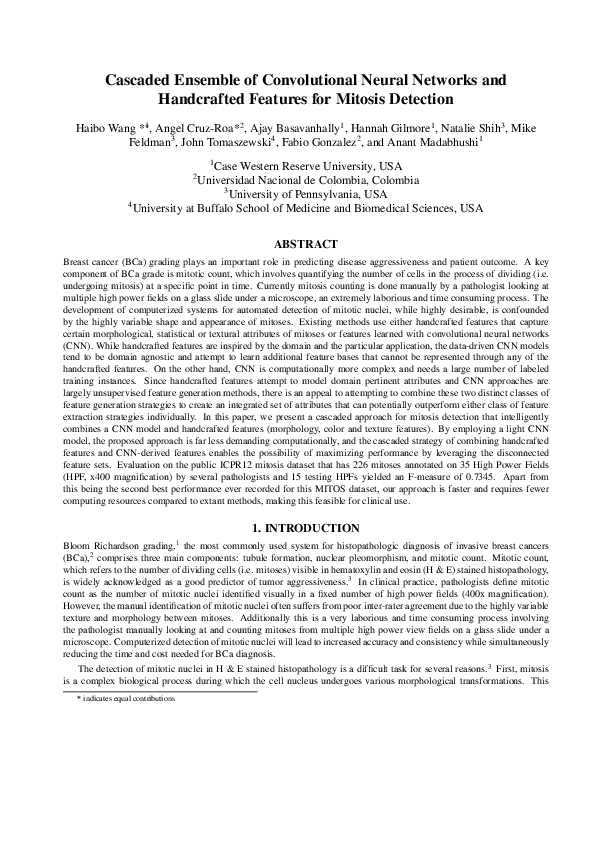 Pdf Cascaded Ensemble Of Convolutional Neural Networks And Handcrafted Features For Mitosis