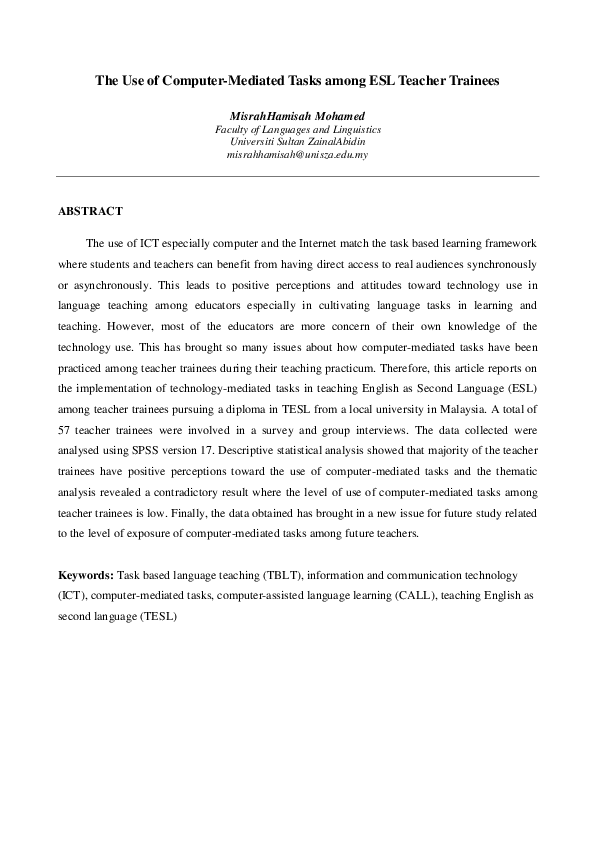 (DOC) The Use of Computer-Mediated Tasks among ESL Teacher Trainees