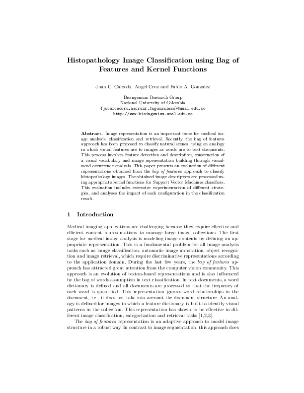 Pdf Histopathology Image Classification Using Bag Of Features And Kernel Functions