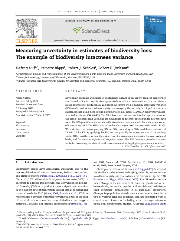 (PDF) Measuring uncertainty in estimates of biodiversity loss: The ...