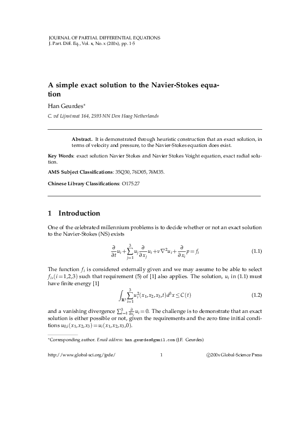 (PDF) A simple exact solution to the Navier-Stokes equation | Han ...