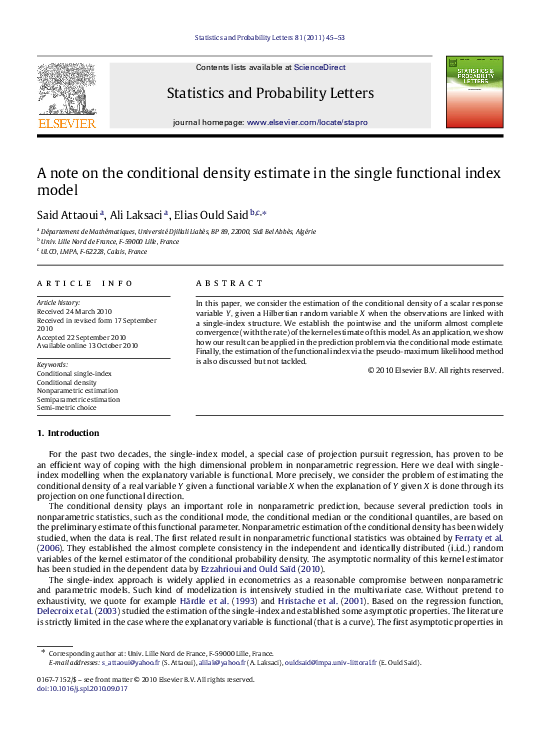 Pdf A Note On The Conditional Density Estimate In The Single Functional Index Model Said