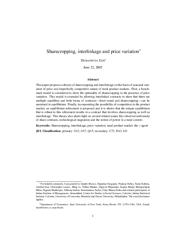 (PDF) Sharecropping, interlinkage, and price variation | debapriya sen ...