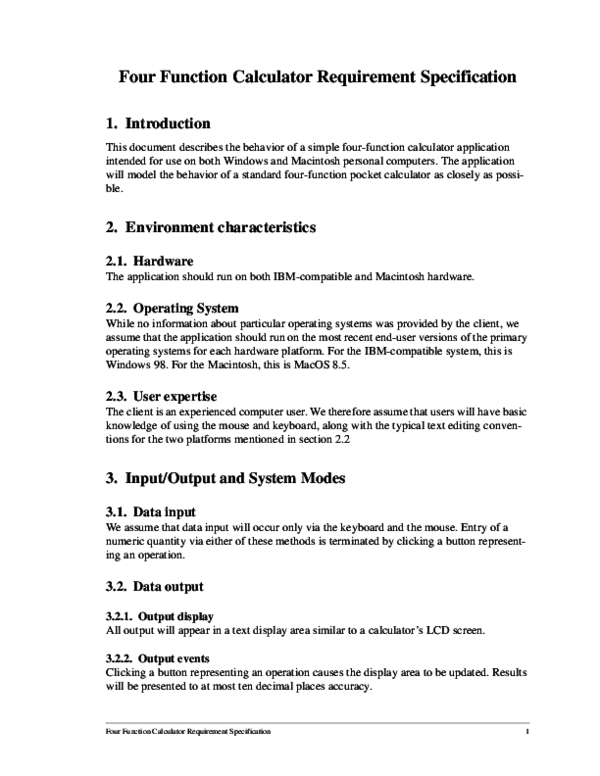 (PDF) Four Function Calculator Requirement Specification 1 Four ...