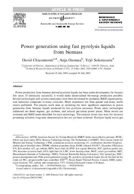 (PDF) Power generation using fast pyrolysis liquids from biomass
