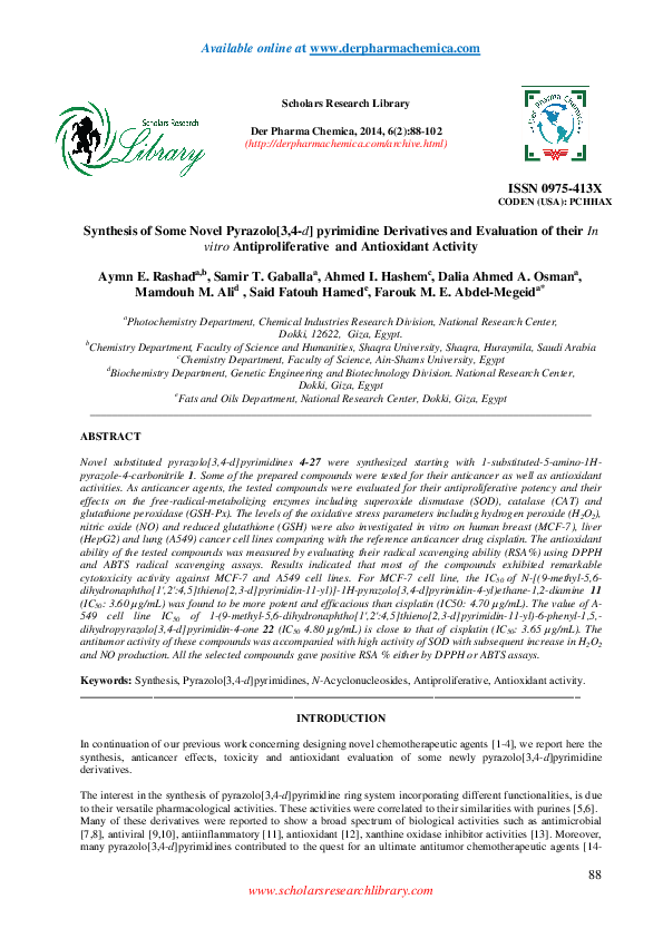 (PDF) Synthesis of Some Novel Pyrazolo[3,4-d] pyrimidine Derivatives and Evaluation of their In ...