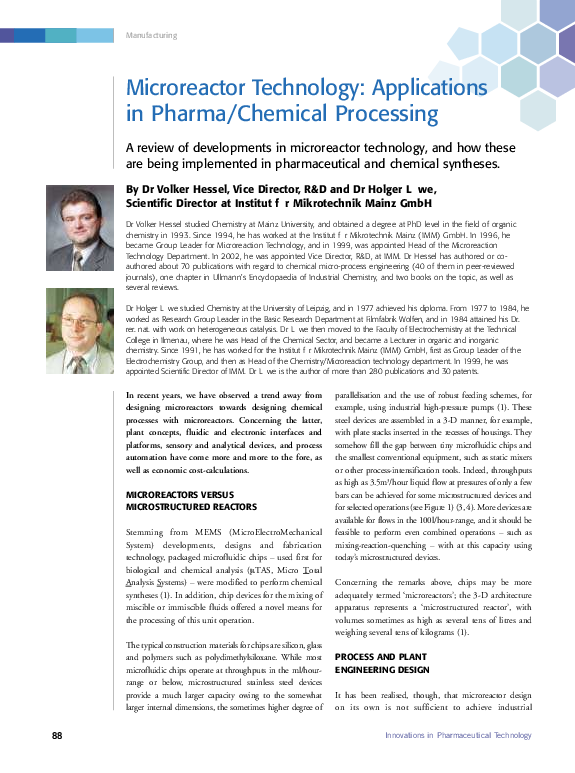 (PDF) Manufacturing Microreactor Technology: Applications in Pharma ...