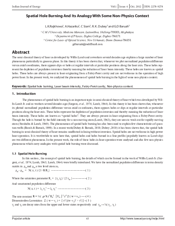 (PDF) Spatial Hole Burning And Its Analogy With Some Non-Physics Context