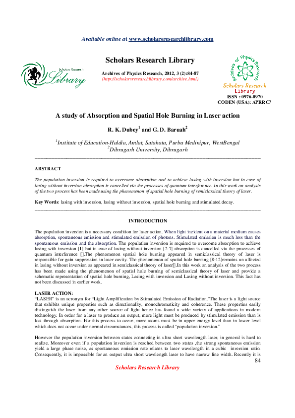 (PDF) A study of Absorption and Spatial Hole Burning in Laser action