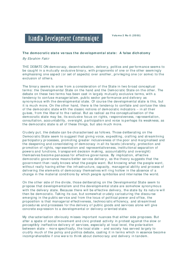 (PDF) The democratic state versus the developmental state: A false ...