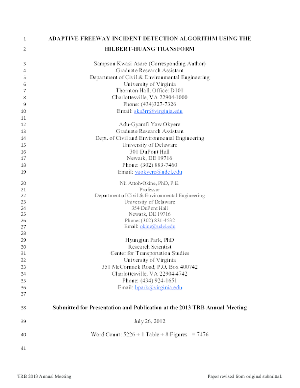 Pdf Adaptive Freeway Incident Detection Algorithm Using The Hilbert Huang Transform