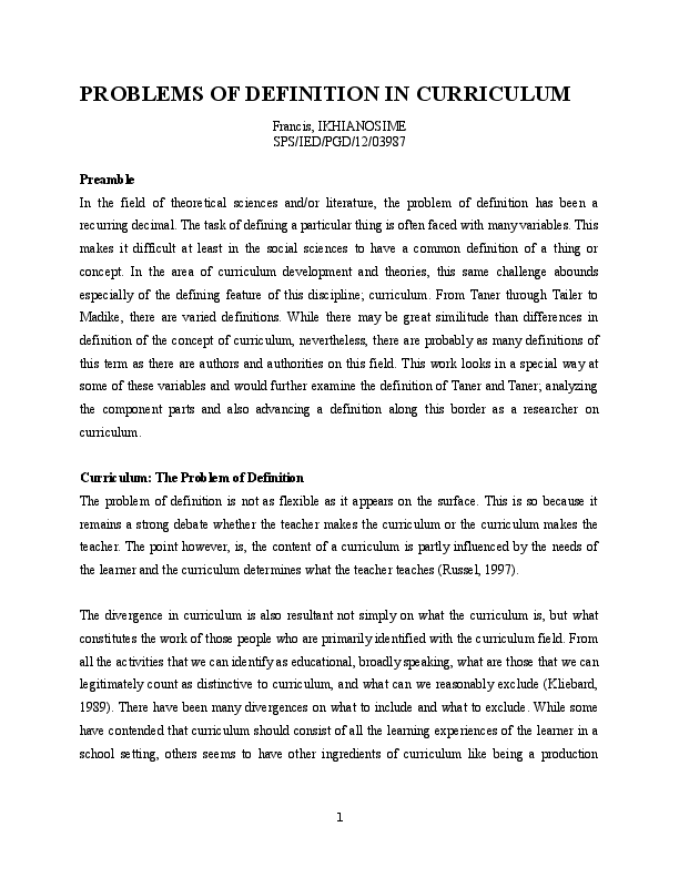 (DOC) The Problem of definition in Curriculum development and Theories