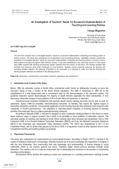 (PDF) An Investigation of Teachers’ Needs for Successful Implementation ...