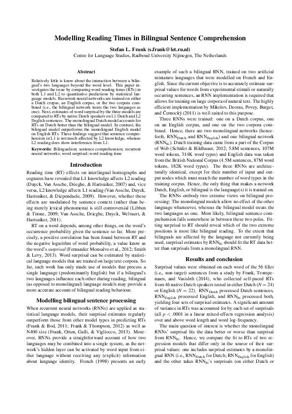 (PDF) Modelling Reading Times in Bilingual Sentence Comprehension