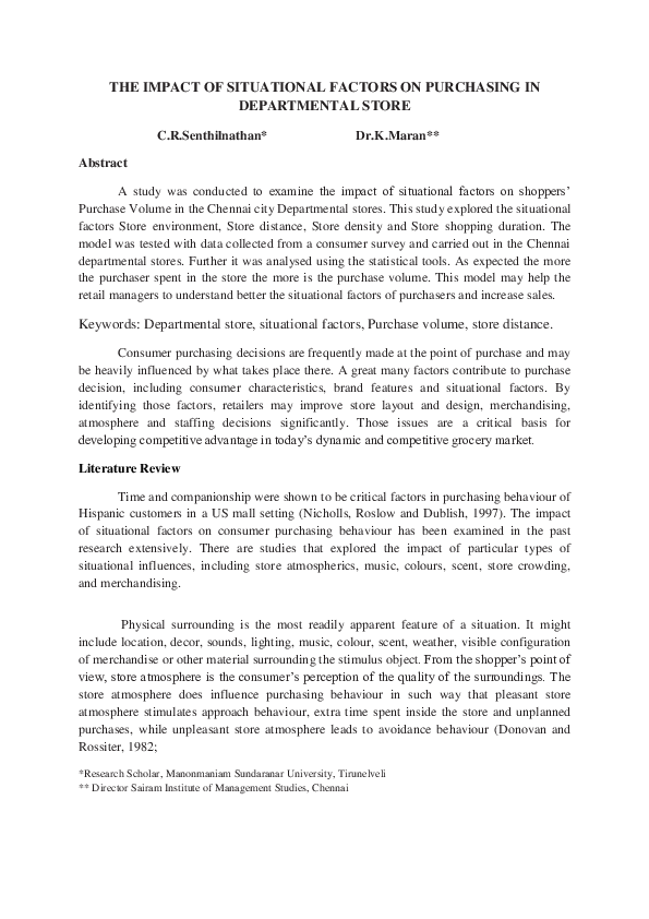 (DOC) THE IMPACT OF SITUATIONAL FACTORS ON PURCHASING IN DEPARTMENTAL STORE