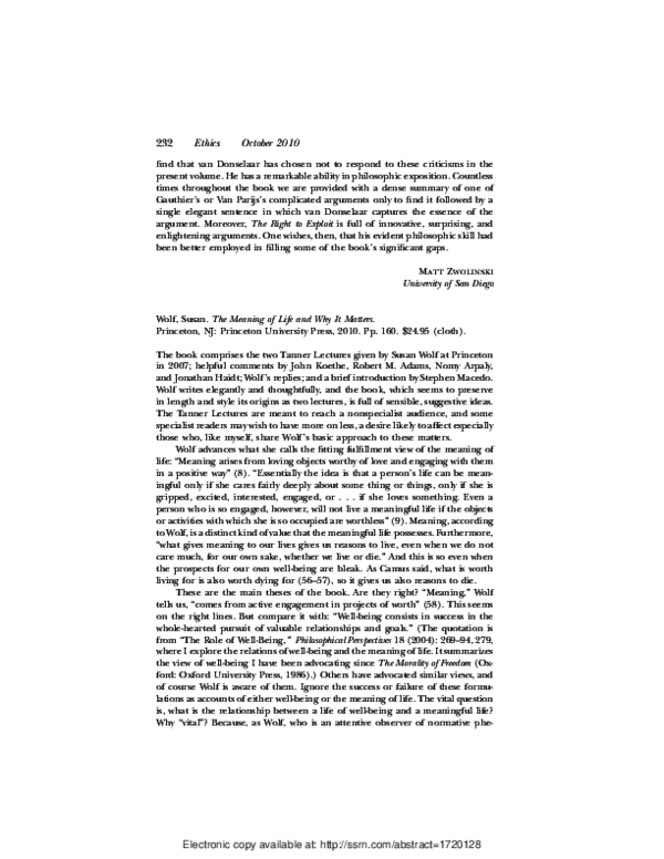 (PDF) Susan Wolf on the Meaning of Life: A Review