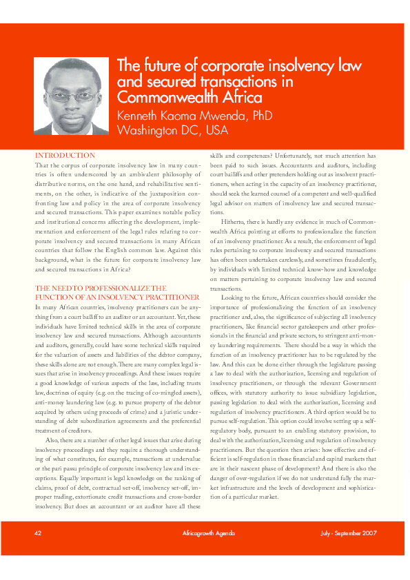 Pdf Kkmwenda The Future Of Corporate Insolvency Law And Secured Transactions In