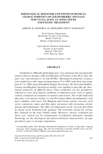 (PDF) RHEOLOGICAL BEHAVIOR AND PHYSICOCHEMICAL CHARACTERISTICS OF GOLDENBERRY ( PHYSALIS ...