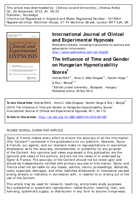 (PDF) The Influence of Time and Gender on Hungarian Hypnotizability Scores