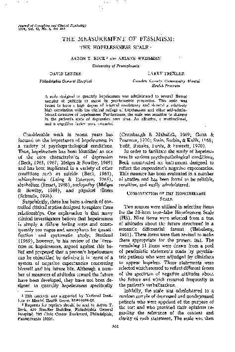 (PDF) The measurement of pessimism: The hopelessness scale