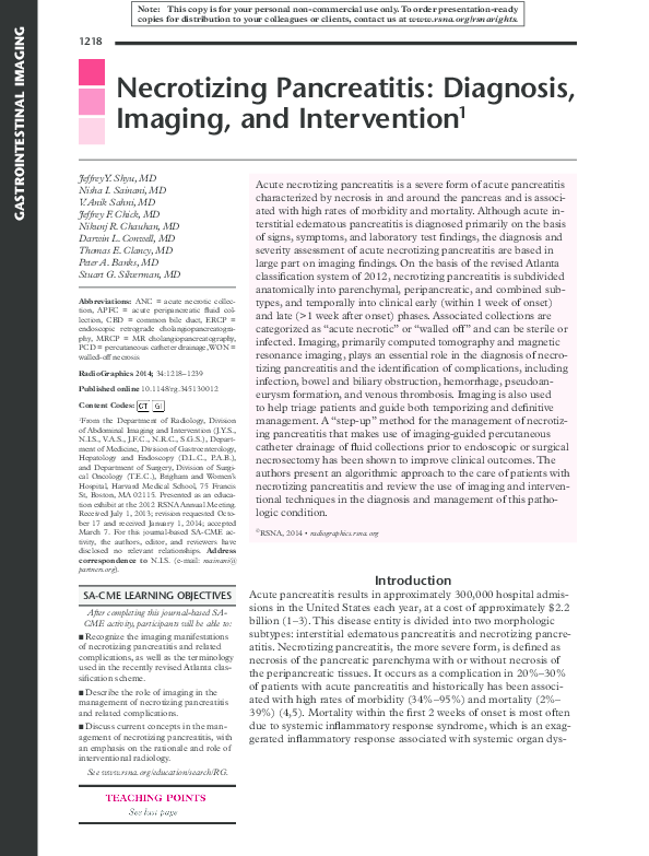 (PDF) Necrotizing pancreatitis: diagnosis, imaging, and intervention