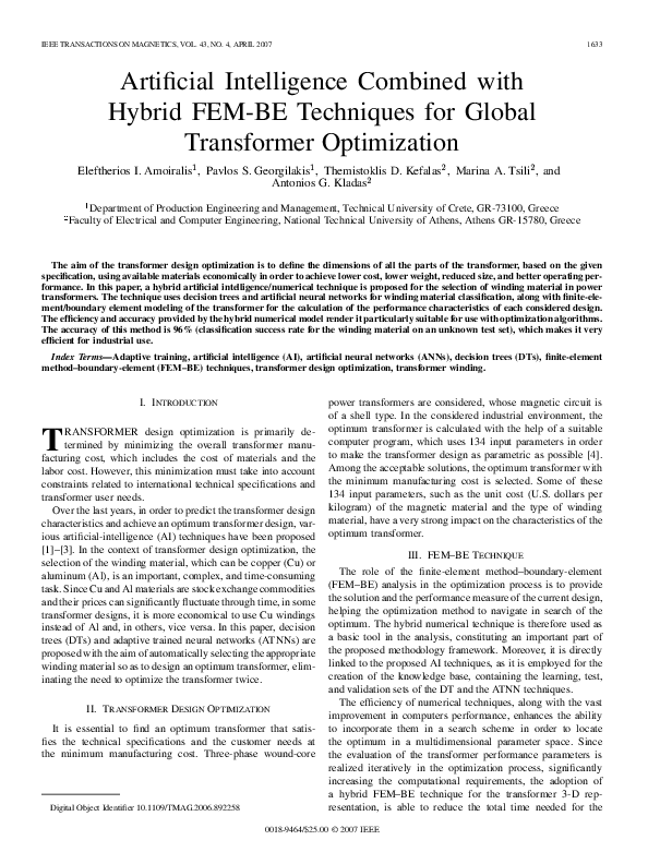 Pdf Artificial Intelligence Combined With Hybrid Fem Be Techniques For Global Transformer