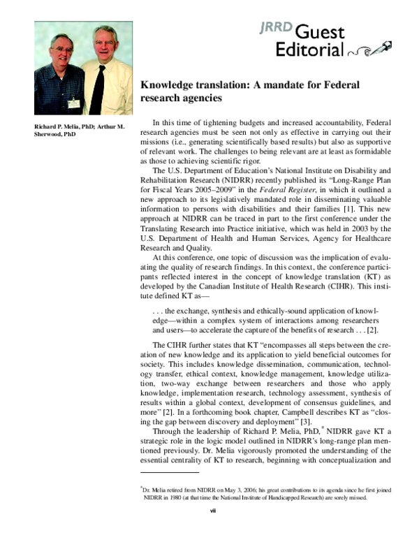 (PDF) Knowledge translation: A mandate for Federal research agencies