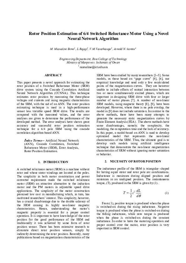 Pdf Rotor Position Estimation Of 6 4 Switched Reluctance Motor Using A Novel Neural Network