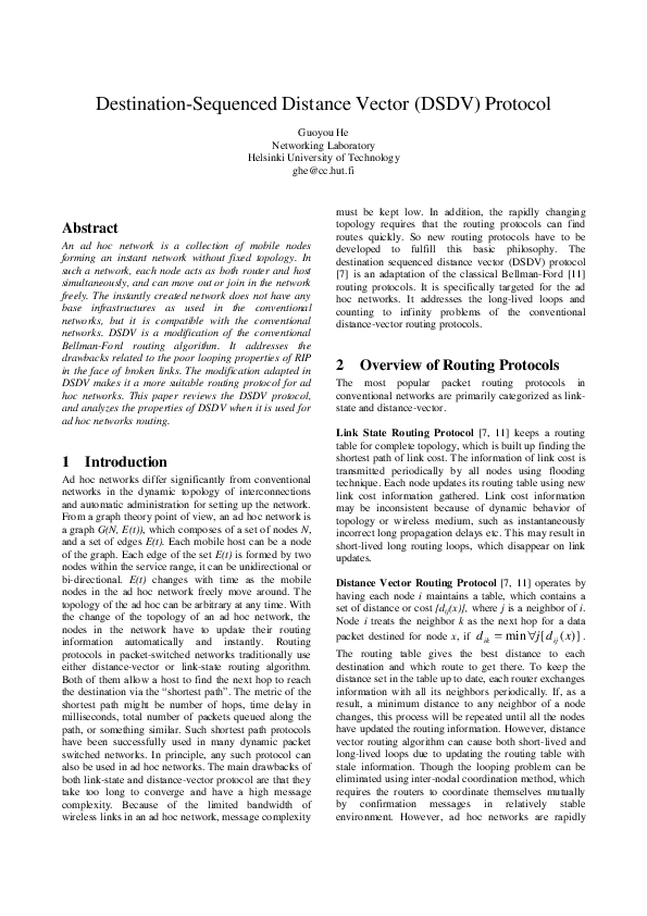 (PDF) Destination-Sequenced Distance Vector (DSDV) Protocol
